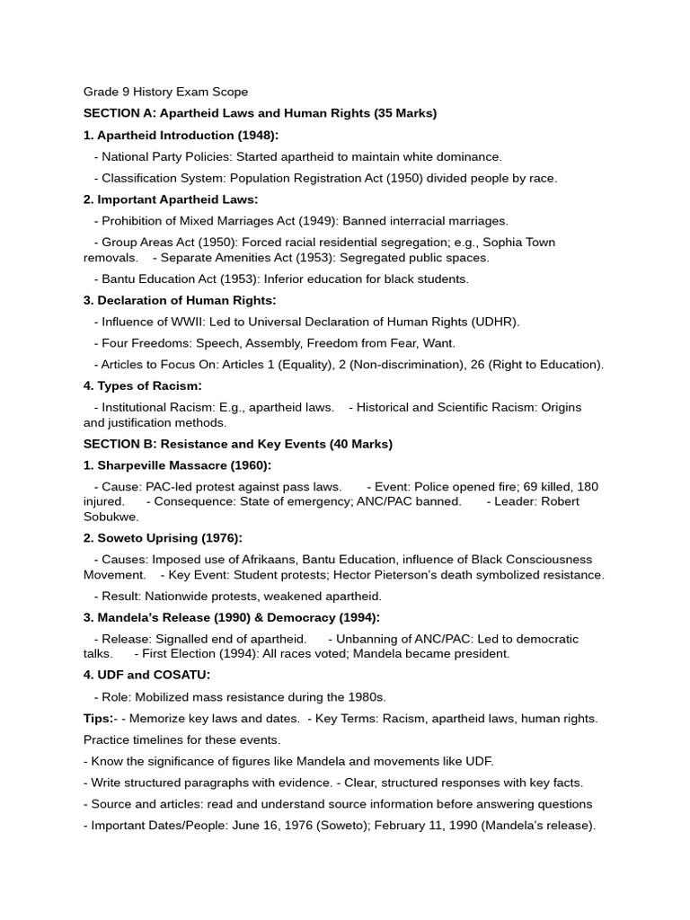 Grade 9 History Term 4 Exam Scope | PDF