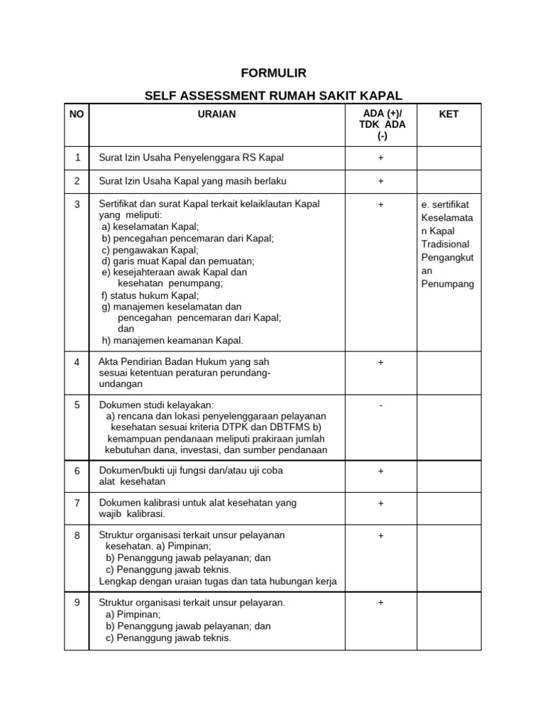 Self Assessment Rumah Sakit Kapal | PDF