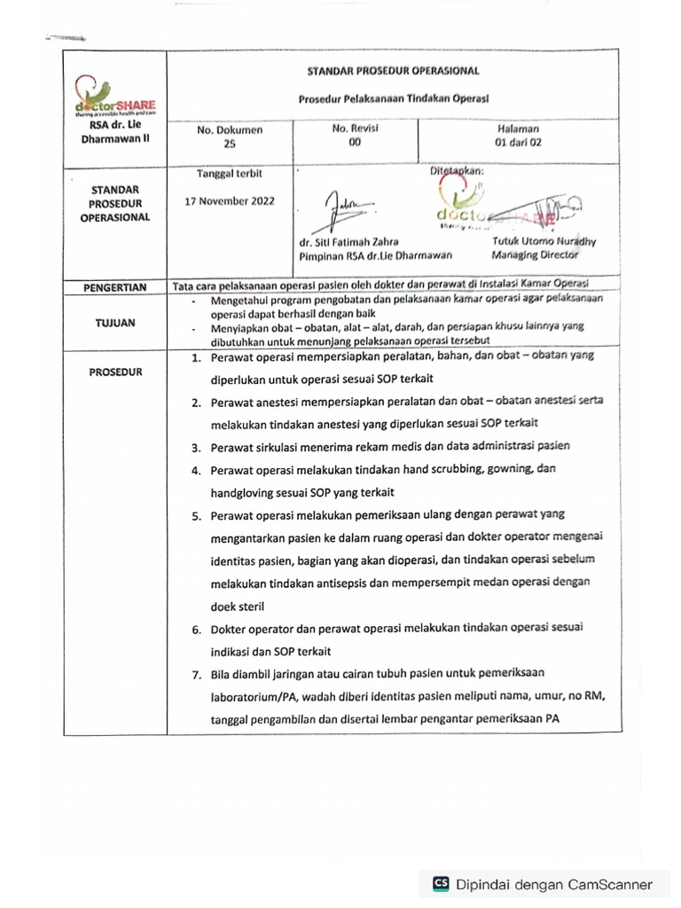 SOP Pelaksanaan Tindakan Operasi | PDF