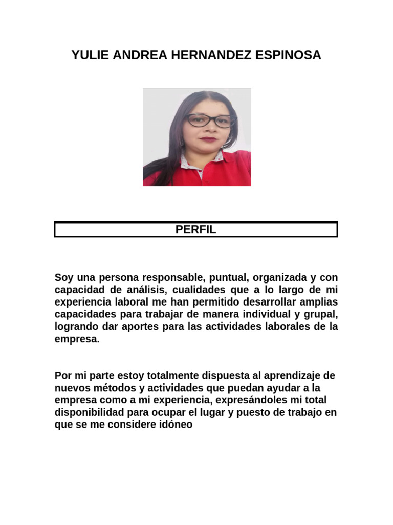 Hoja de Vida Yulie Andrea Hernandez Espinosa | PDF