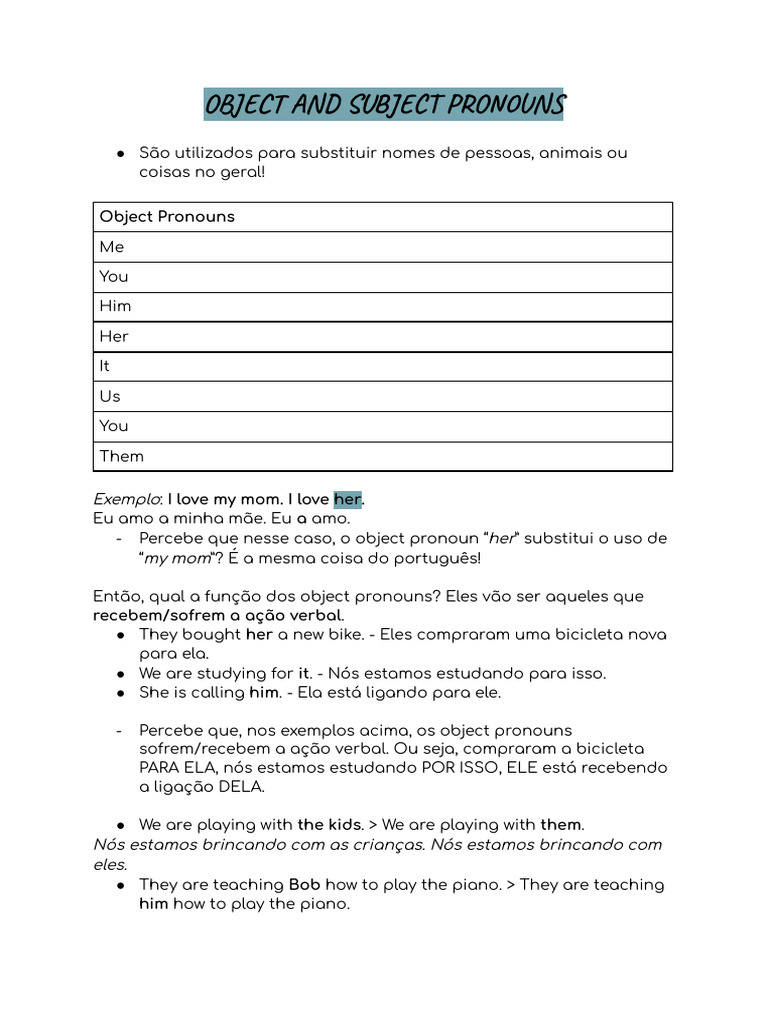 Resumo - SUB & OBJ PRONOUNS | PDF