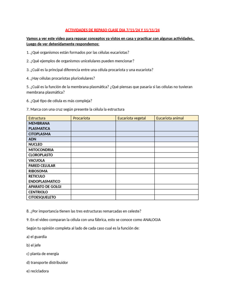 Repaso de Células: Actividades y Preguntas | PDF | Ciencia y matemáticas