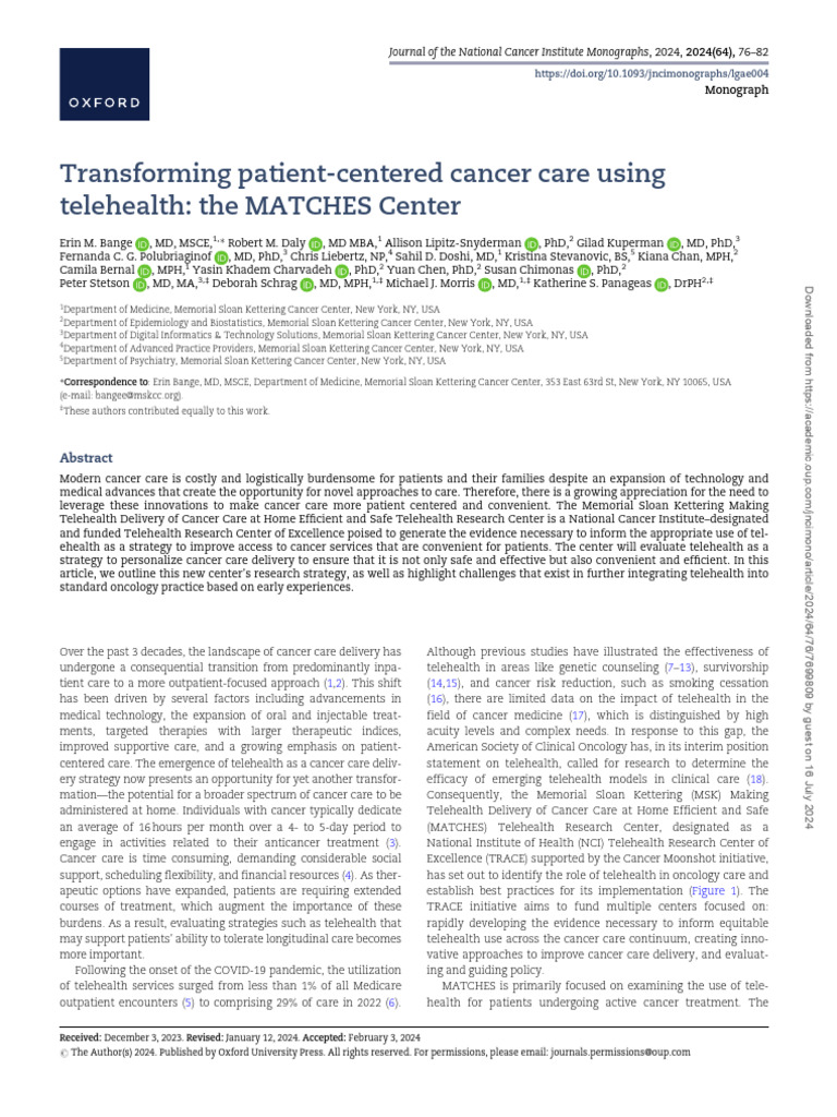 Transforming Patient-Centered Cancer Care Using Telehealth - The ...