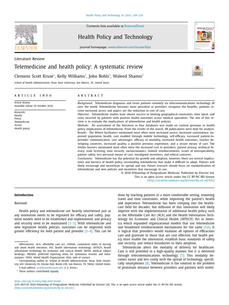 Telemedicine & Health Policy Review | PDF | Systematic Review | Health Care