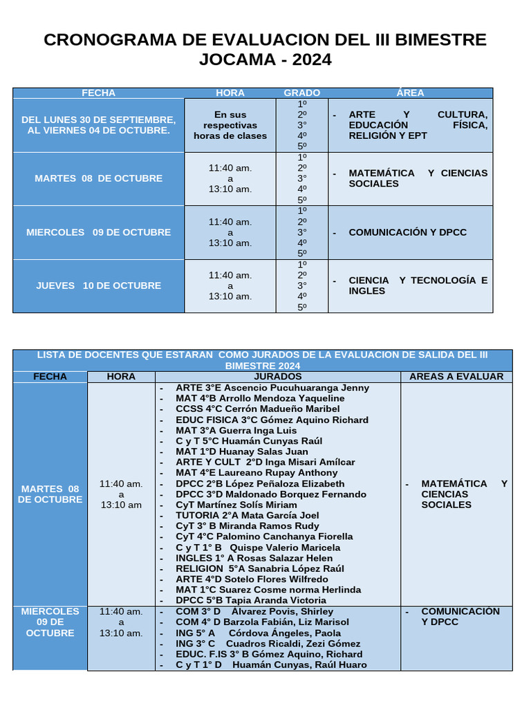 Cronograma de Evaluacion Del Iii Bimestre Jocama | PDF