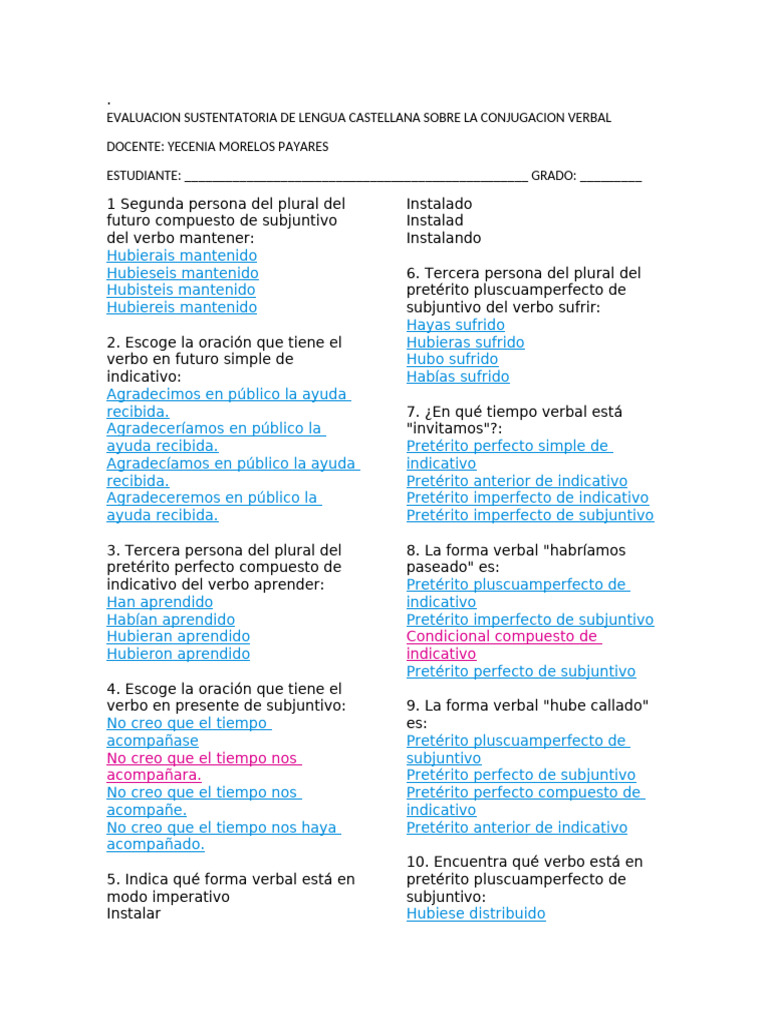 Evaluación de Conjugación Verbal | PDF | Verbo | Relaciones sintácticas