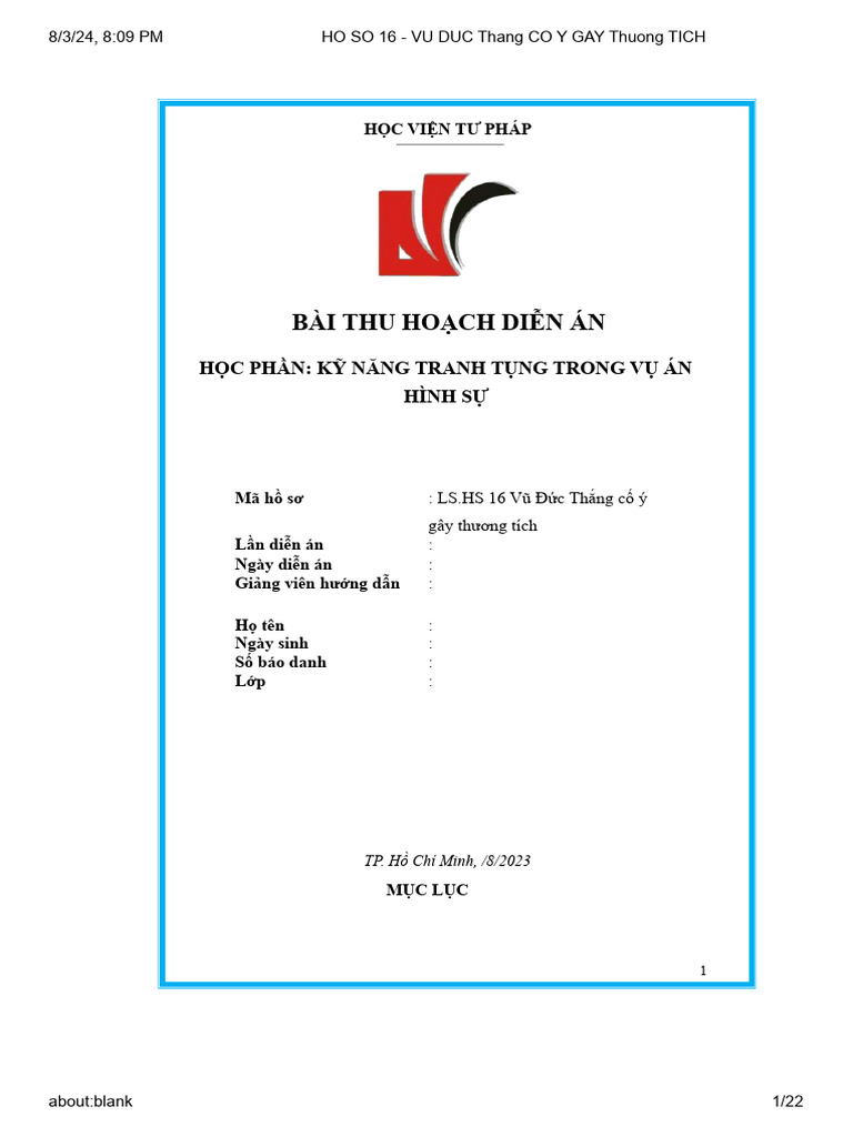 Ho So 16 - Vu Duc Thang Co y Gay Thuong Tich | PDF