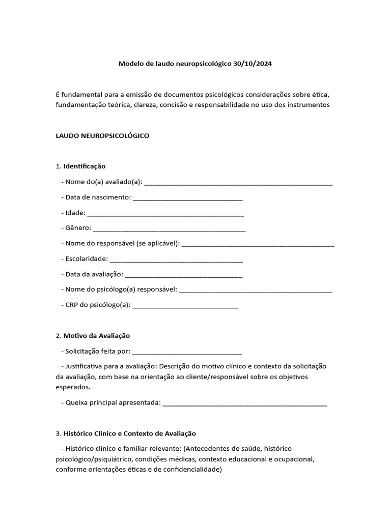 Modelo de Laudo Neuropsicológico | PDF | Psicologia | Neuropsicologia