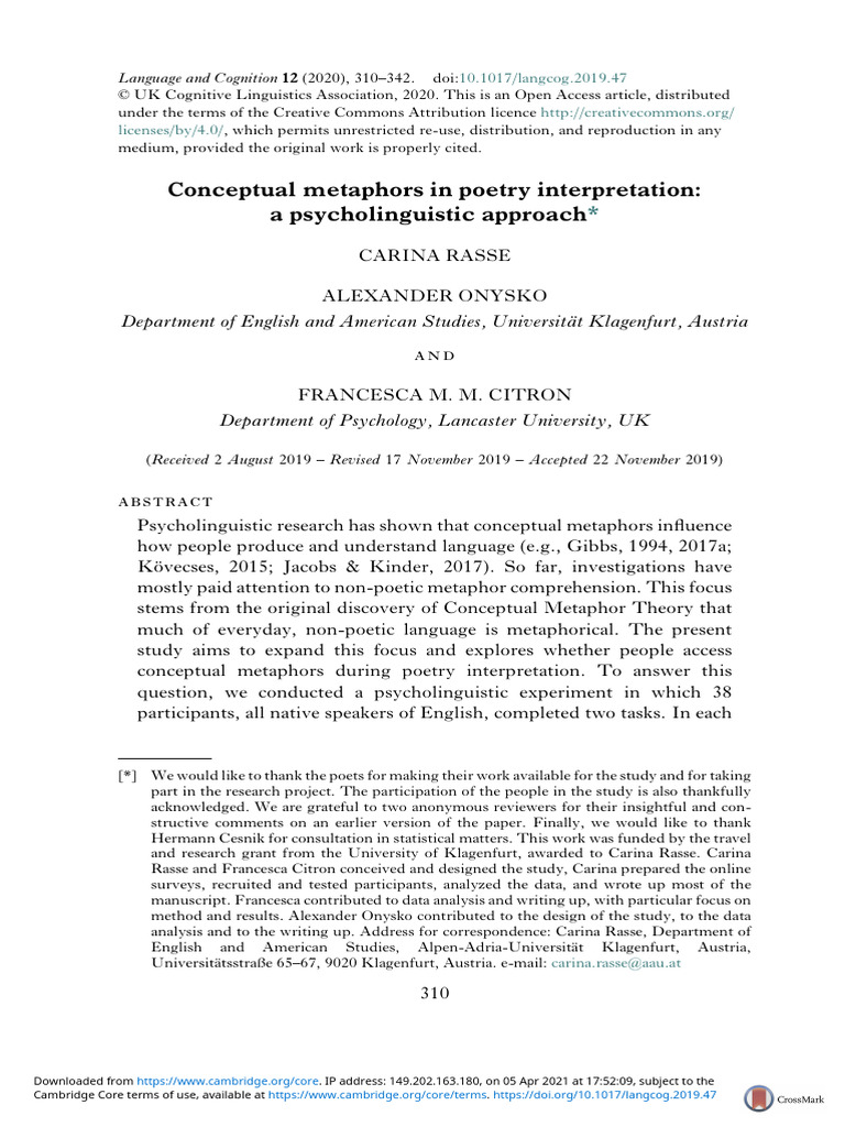 Conceptual Metaphors in Poetry Interpretation A Psycholinguistic | PDF | Metaphor | Poetry