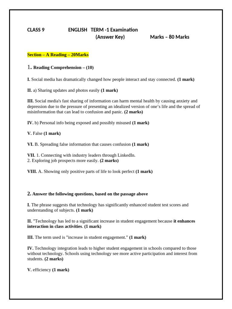 Grade 9 English Term 1 Answer Key | PDF | Disciplines | Psychology