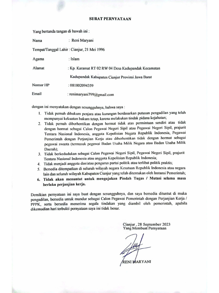 Pernyataan Reni | PDF