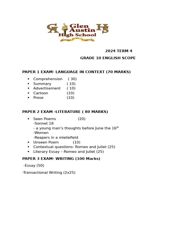 10 Eng 2024 TERM 4 SCOPE | PDF | Art