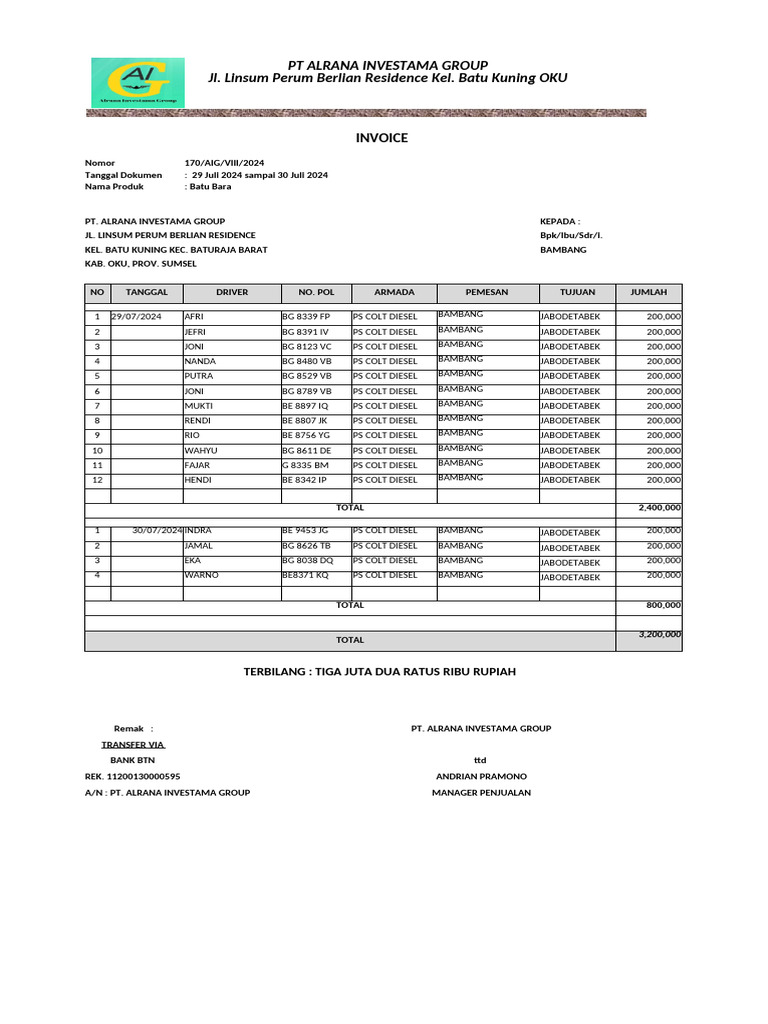 Invoice Aig Bambang 11 Sampai 19 Juli 2024 | PDF