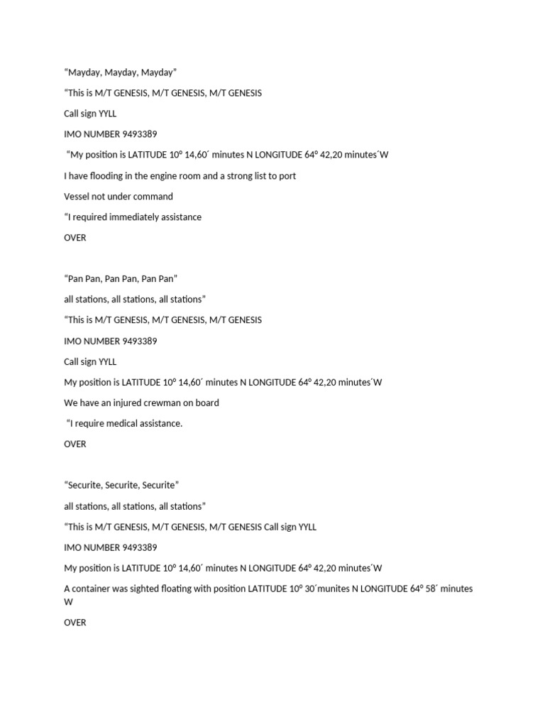 Mayday and Pan-Pan Call Examples | PDF | Science & Mathematics ...
