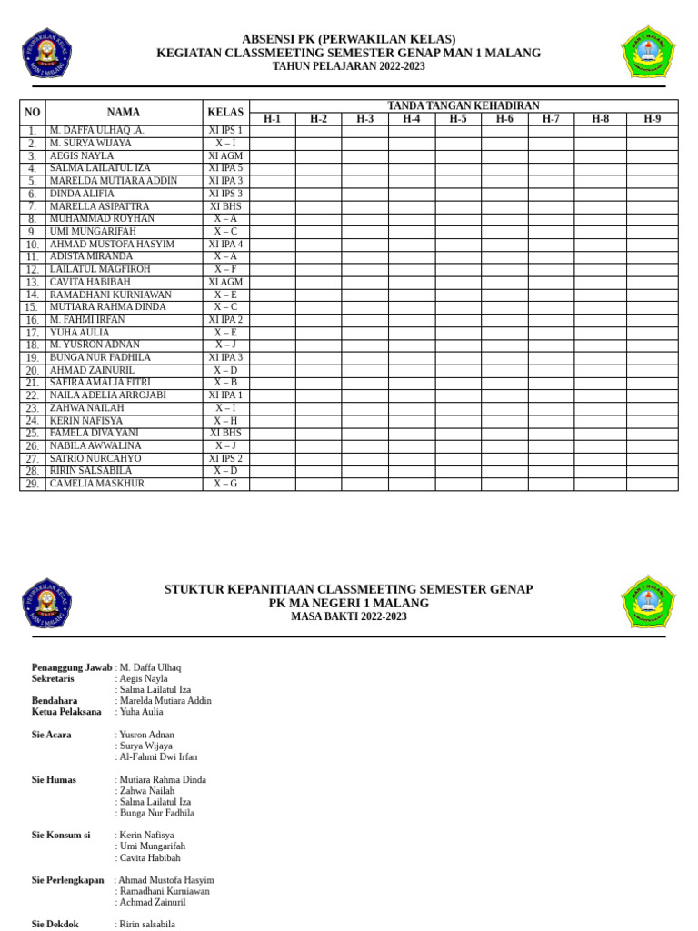 Absen PK Acara Classmeeting (Durung Mari !) | PDF