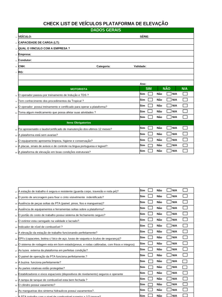Check List Plataforma Elevatória | PDF