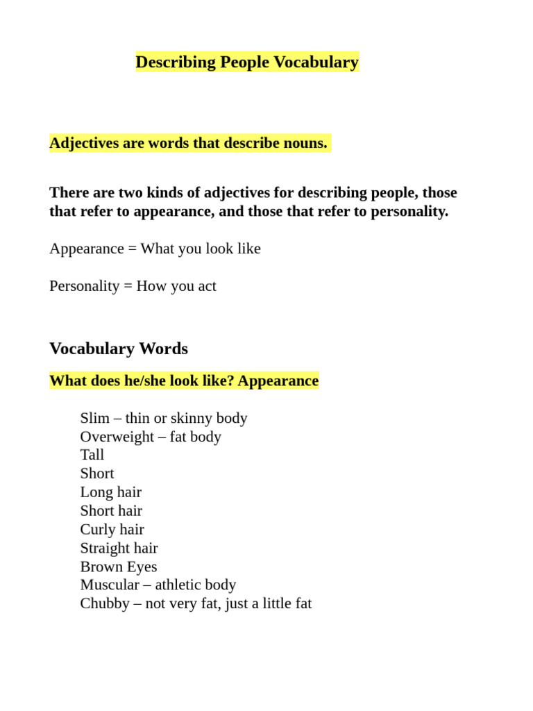 Describing People Vocabulary Expalantion | PDF