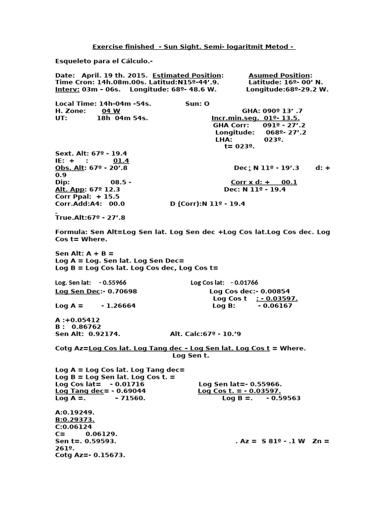 Sun Sight Calculation Using Semi-Log Method | PDF | Science & Mathematics