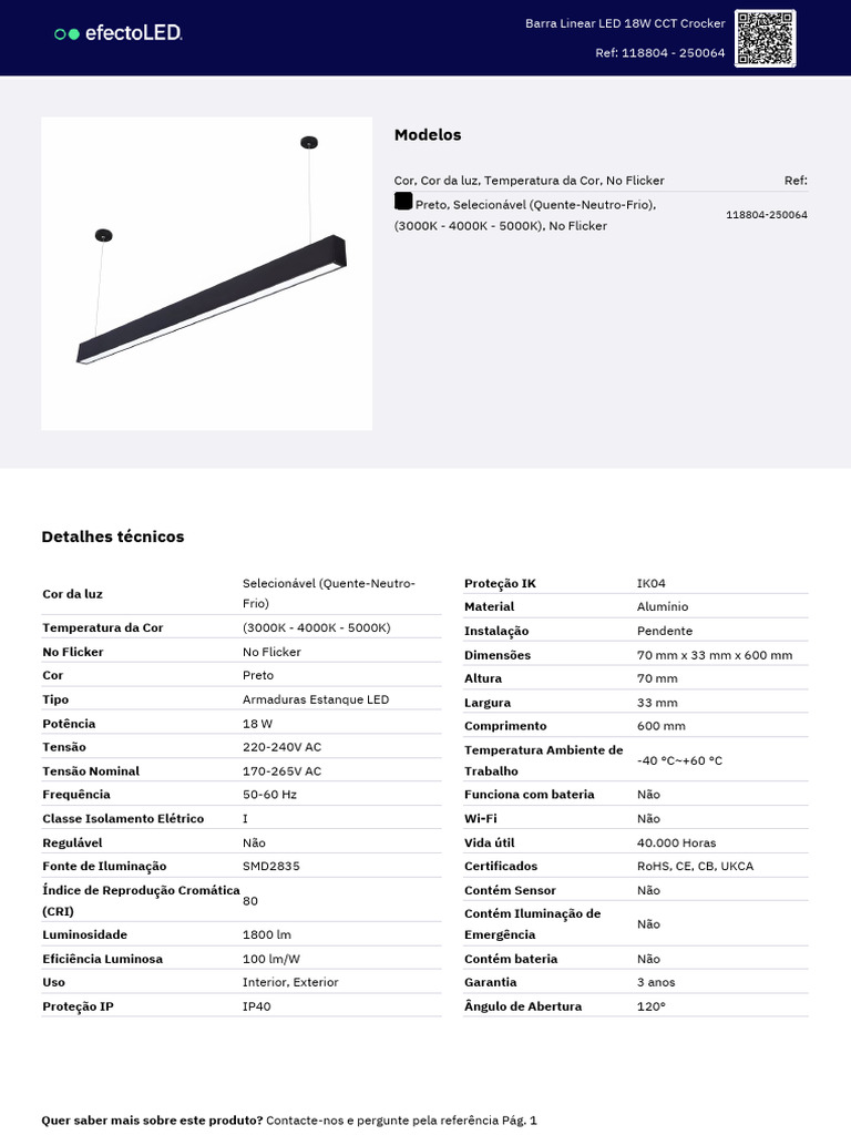 Barra Linear LED 18W CCT Crocker | PDF | Diodo emissor de luz | Cor