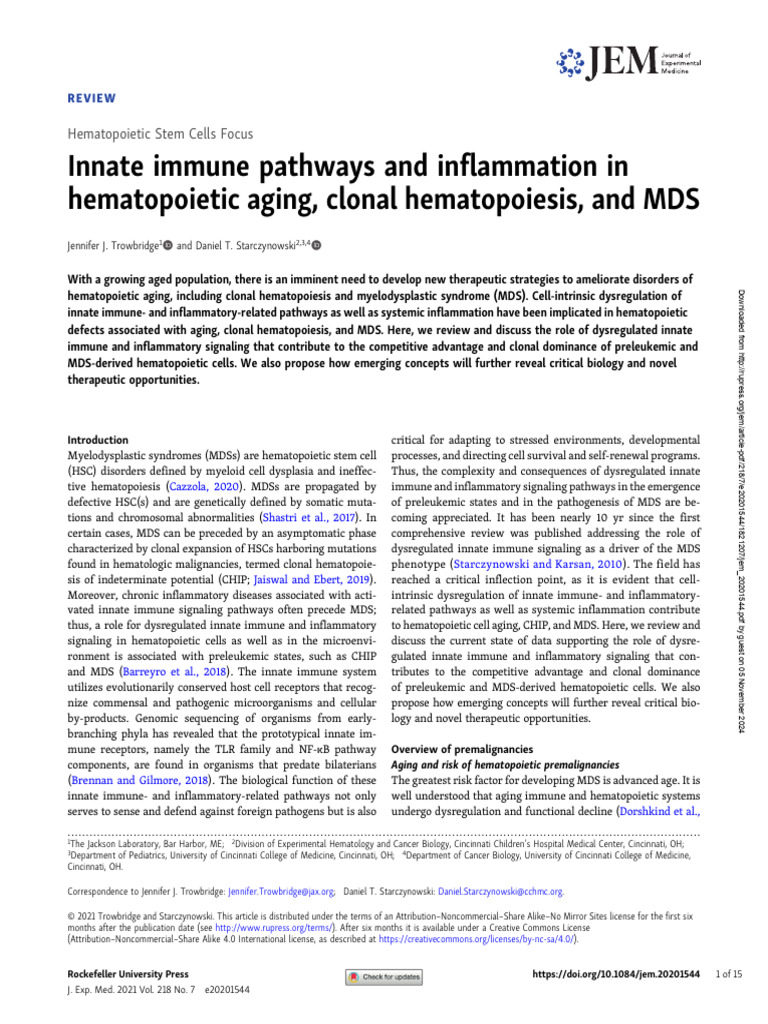 Trowbridge J Exp Med 2021 Innate Immune Pathways and Inflammation in Hematopoietic Aging, Clonal ...