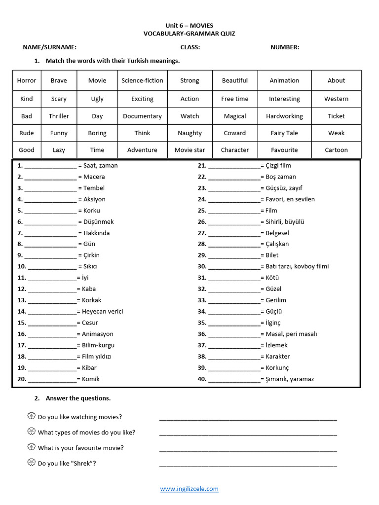 5 Sinif 6 Unite Movies Vocabulary Grammar Quiz | PDF