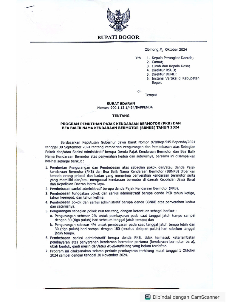 Surat PjBupati Pemutihan Pajak & BBN Kendaraan | PDF