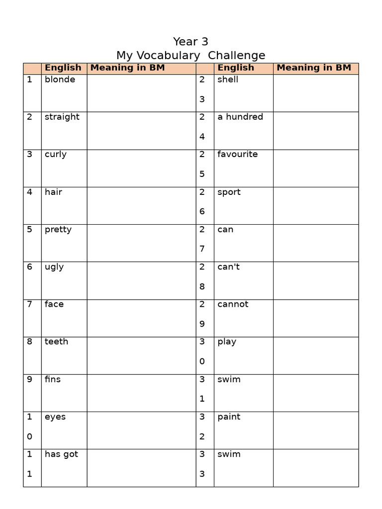 Year 3 Vocabulary Challenge List | PDF | Foods | Cuisine