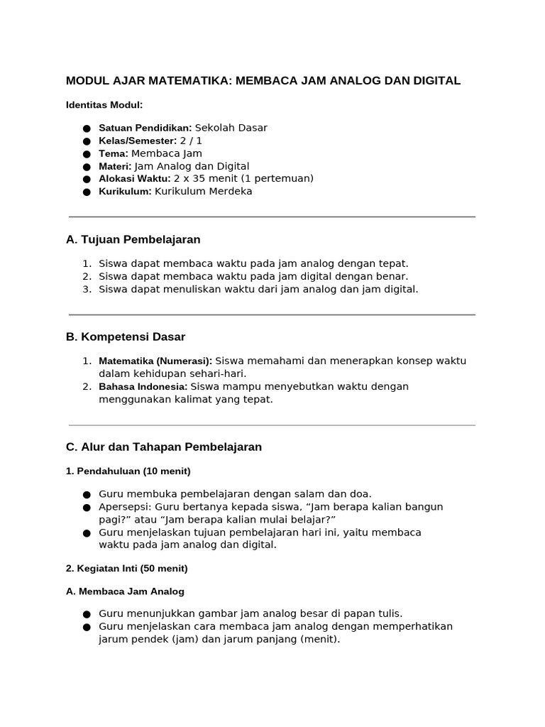 Modul Ajar Matematika - Membaca Jam Analog Dan Digital | PDF