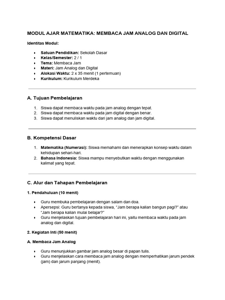 Modul Ajar Matematika - Membaca Jam Analog Dan Digital | PDF | Metode ...