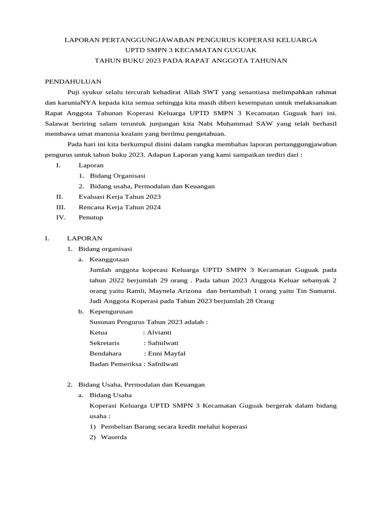 Laporan Pertanggungjawaban Pengurus Koperasi Keluarga | PDF | Karier & Perkembangan | Bisnis