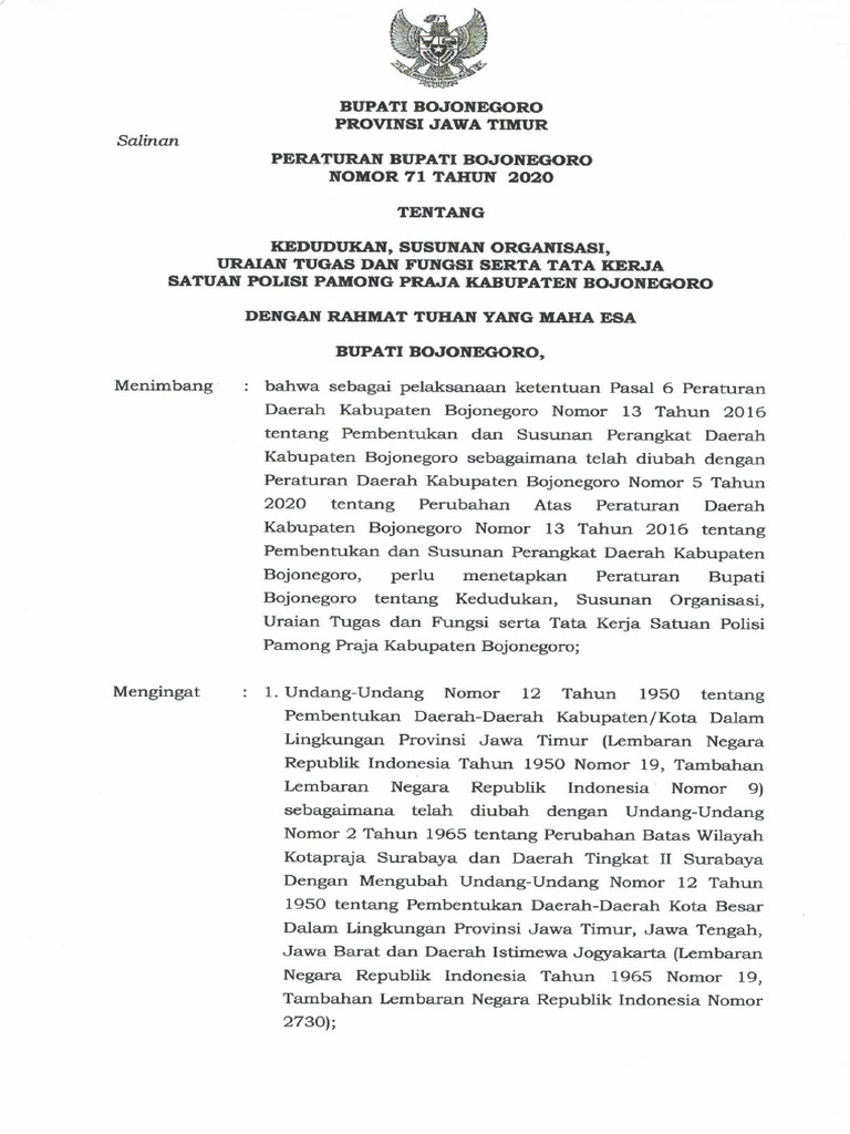 Perbup No 71 Tentang SOTK Satpol PP | PDF