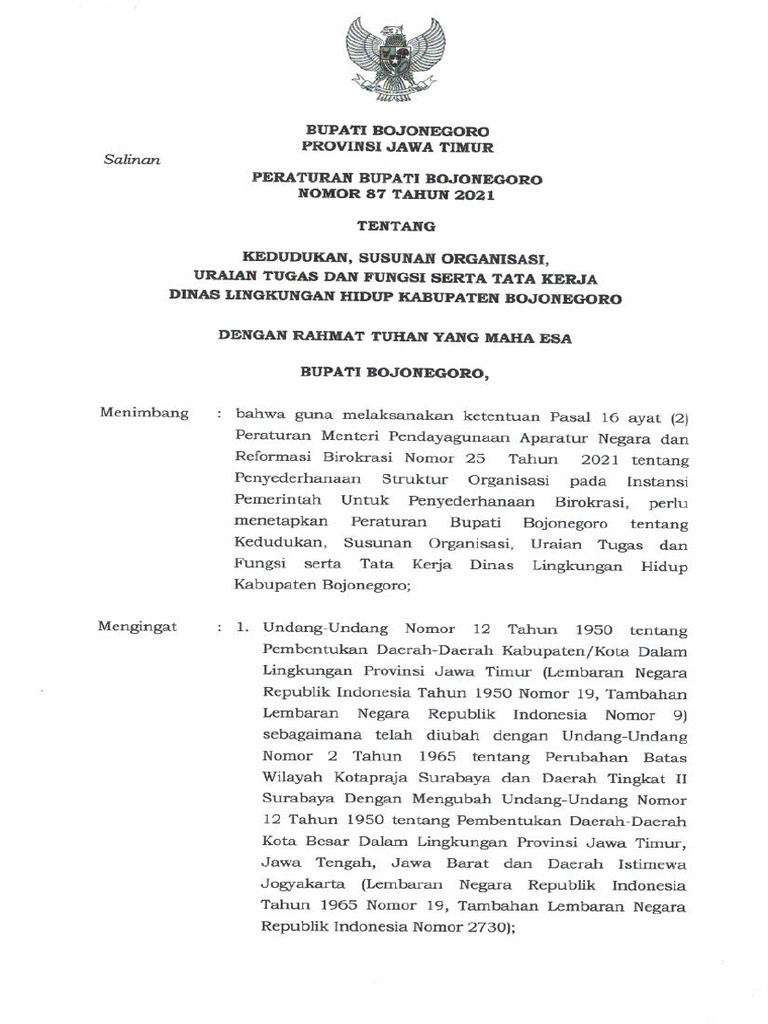 Perbup 87 Tahun 2021 TTG SOTK DLH - 000915 | PDF