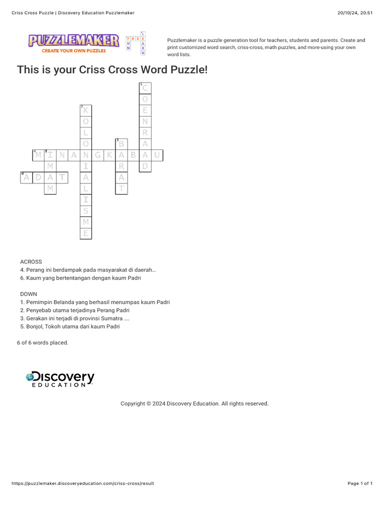 Criss Cross Puzzle - Discovery Education Puzzlemaker | PDF