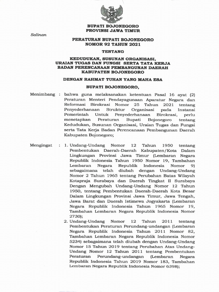 PERBUP 92 Tahun 2021 SOTK BAPPEDA | PDF