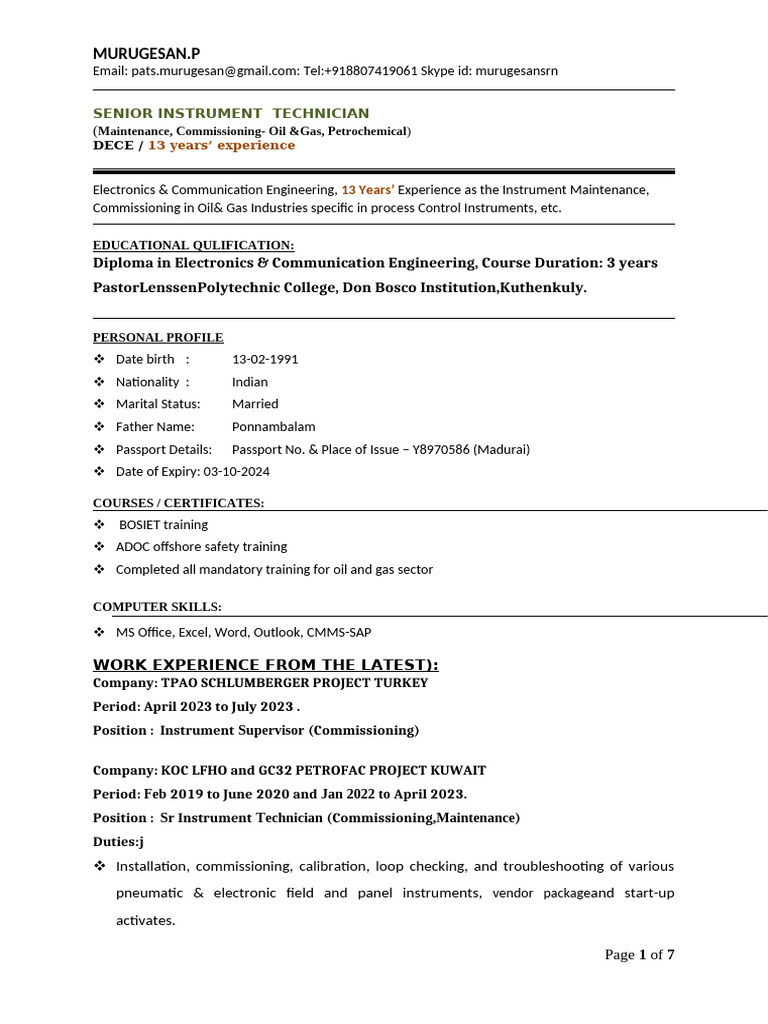 Senior Instrument Technician Resume | PDF | Instrumentation | Flow ...