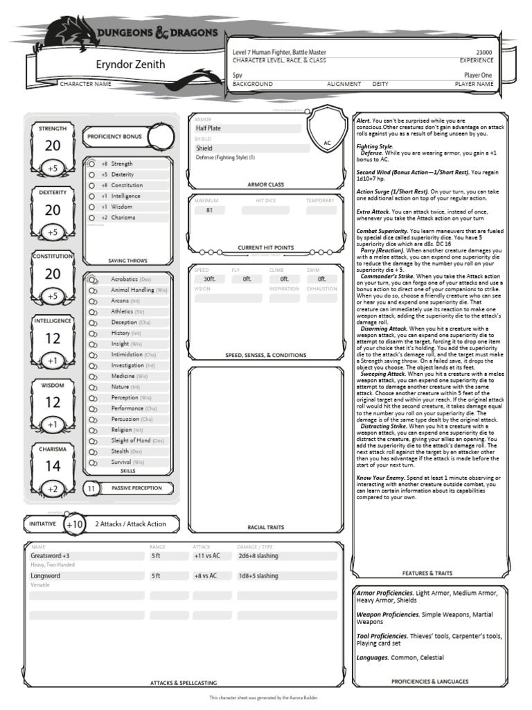 D&D 5E Character Sheet: Human Fighter | PDF | Armour | Shield