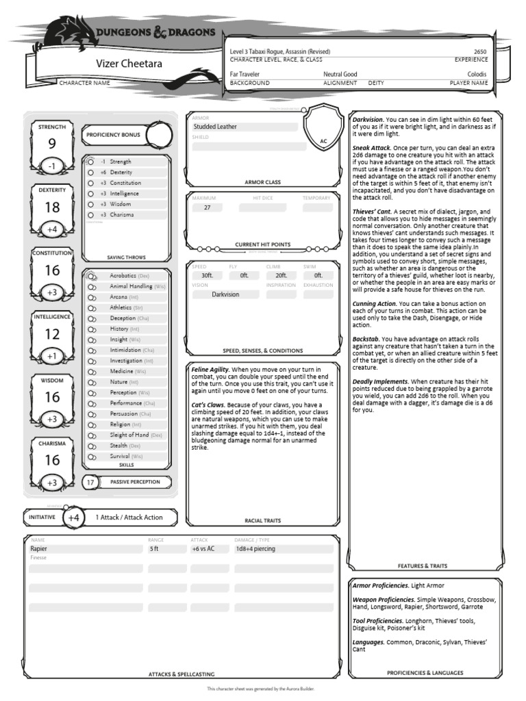 Vizer Cheetara: Tabaxi Rogue Sheet | PDF | Fantasy Role Playing Games ...