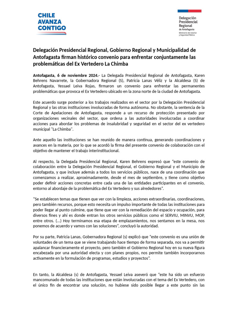 07.11.2024 Comunicado Convenio ExVertedero La Chimba | PDF