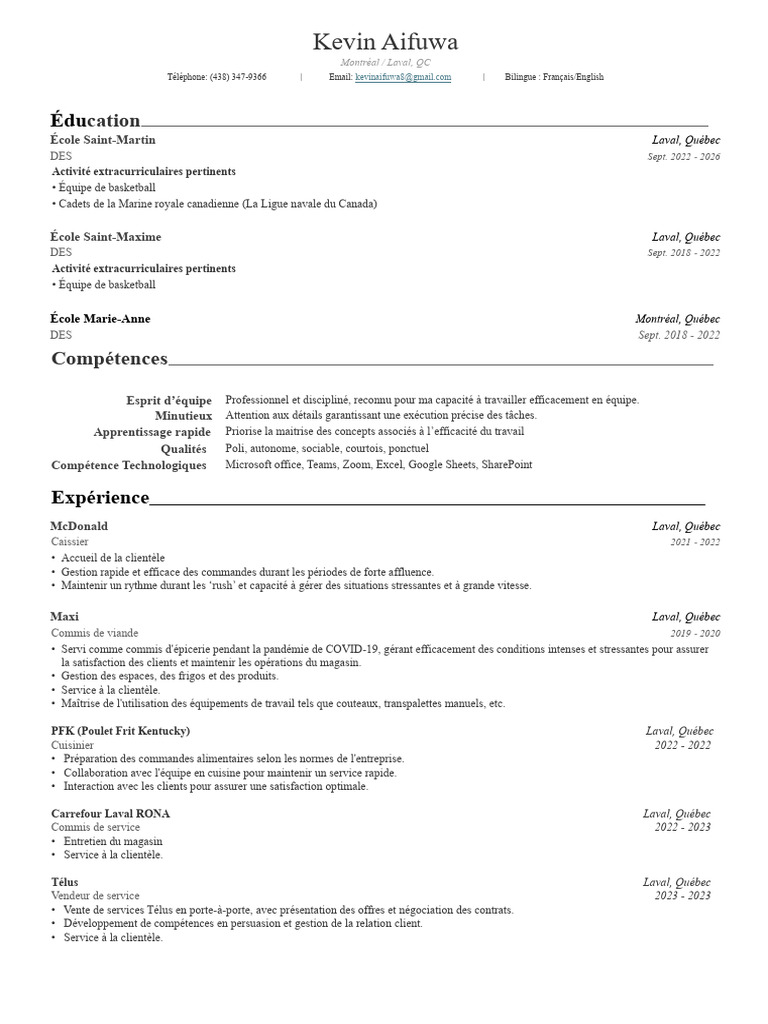 CV de Kevin Aifuwa - Laval 2023 | PDF | Québec