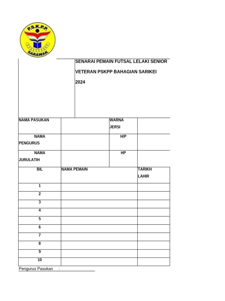 Borang Penyertaan Futsal Lelaki Campuran SV Sarikei | PDF