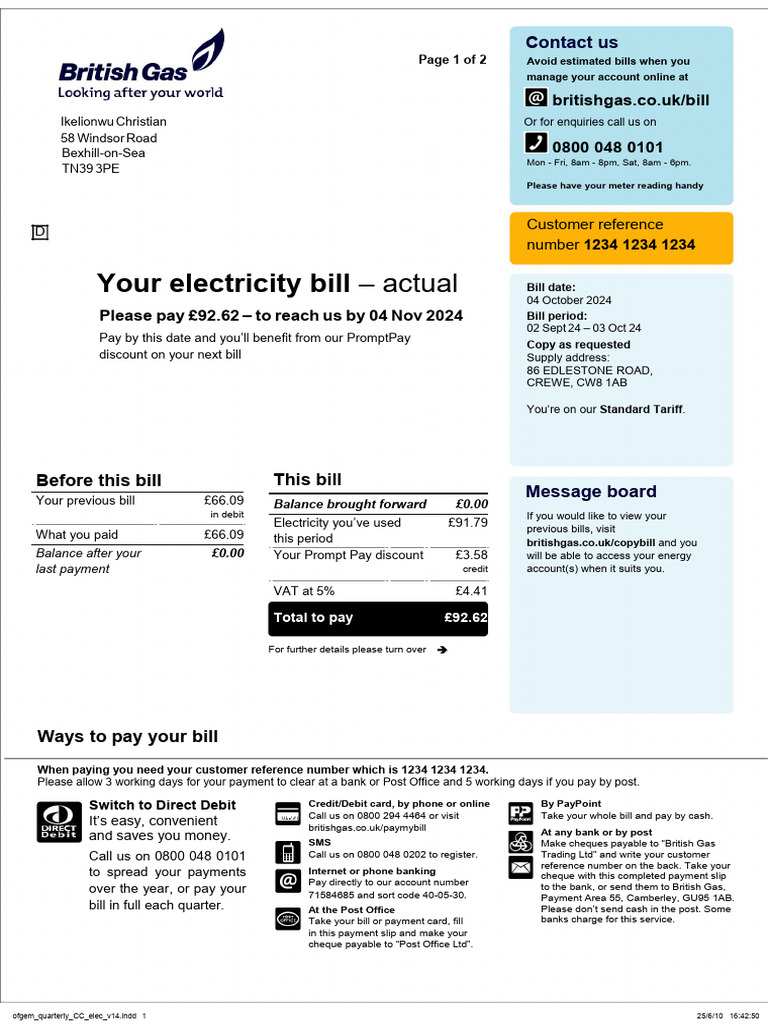 Christian UK Utilitiy Bill | PDF | Cheque | Payments