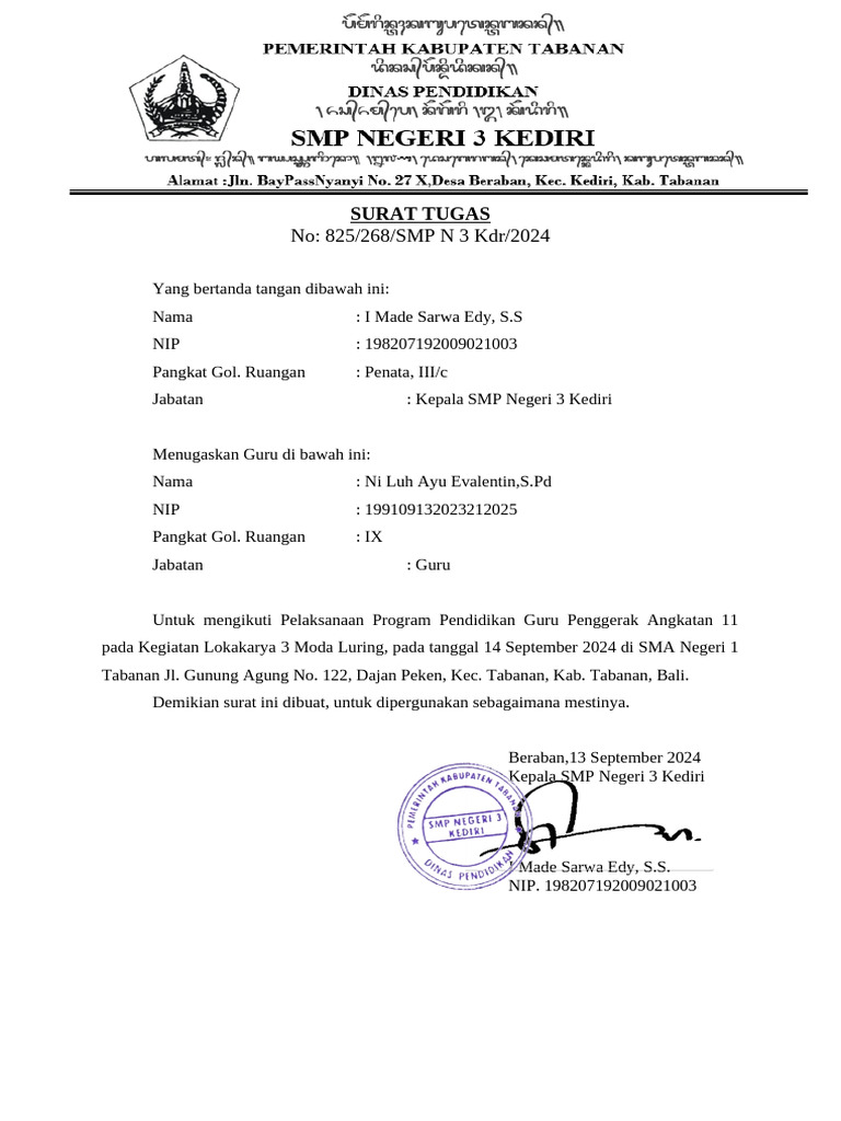 Surat Tugas Bu Ayu Evalentin | PDF