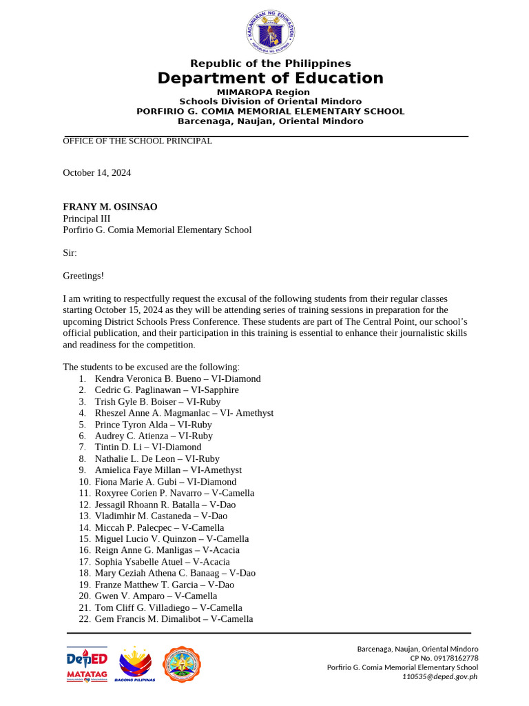Student Excusal Request for Training Sessions | PDF