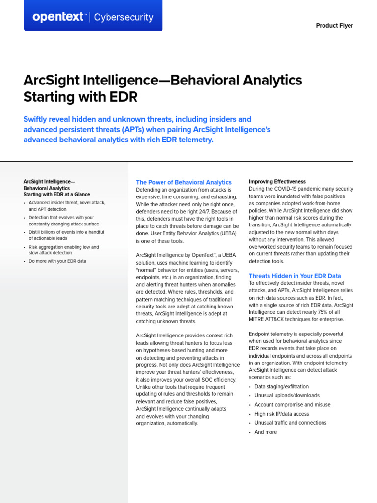 Arcsight Intelligence Behavioral Analytics Starting With Edr Flyer | PDF | Computer Security ...