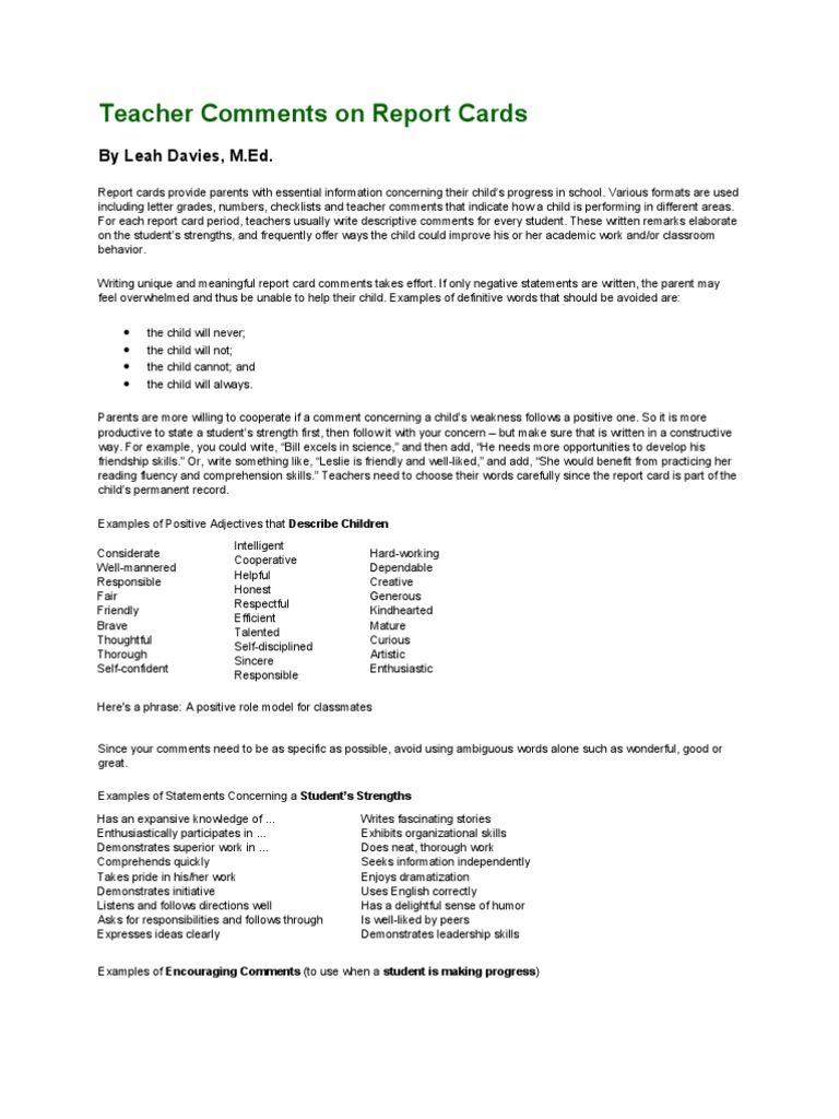 Teacher Comments On Report Cards | PDF | Homework | Conversation