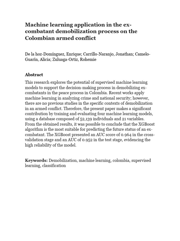 Machine Learning Application in The Ex-Combatant Demobilization Process ...