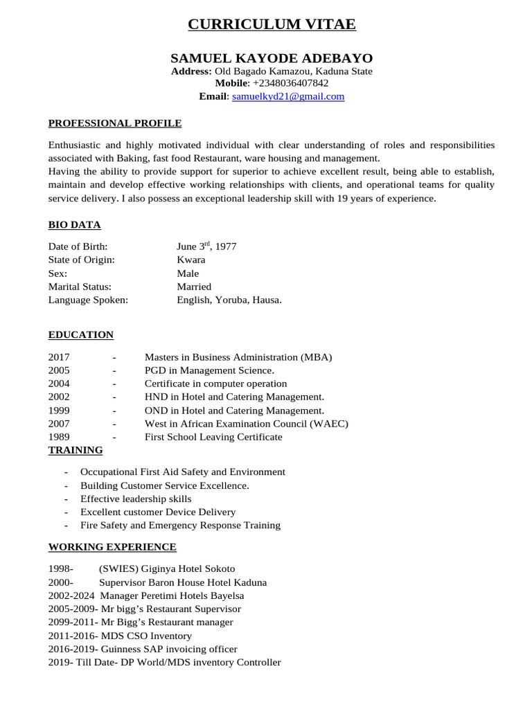 Samuel Adebayo CV: Hospitality & Management Expert | PDF