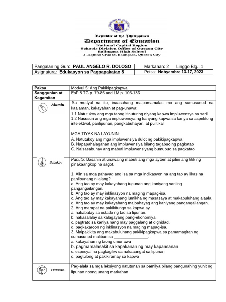 8 - 5 Ang Pakikipagkapwa ESP-DLP-FOR-SY-2023-2024 | PDF