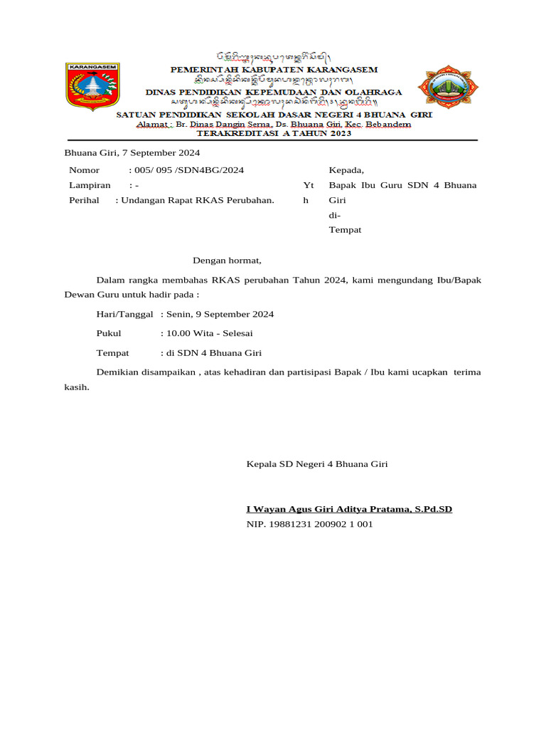 Undangan Rapat RKAS Perubahan 2024 | PDF