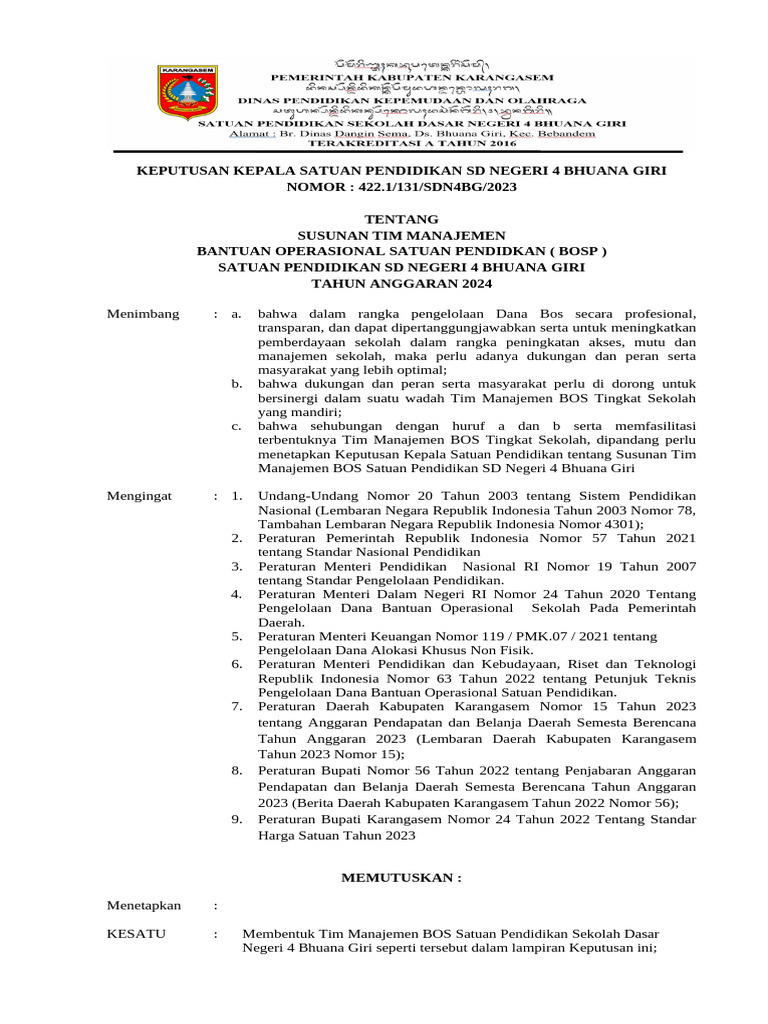 SK Manajemen Bos 2024 SDN 4 Bhuana Giri | PDF | Pengelolaan Keuangan & Uang